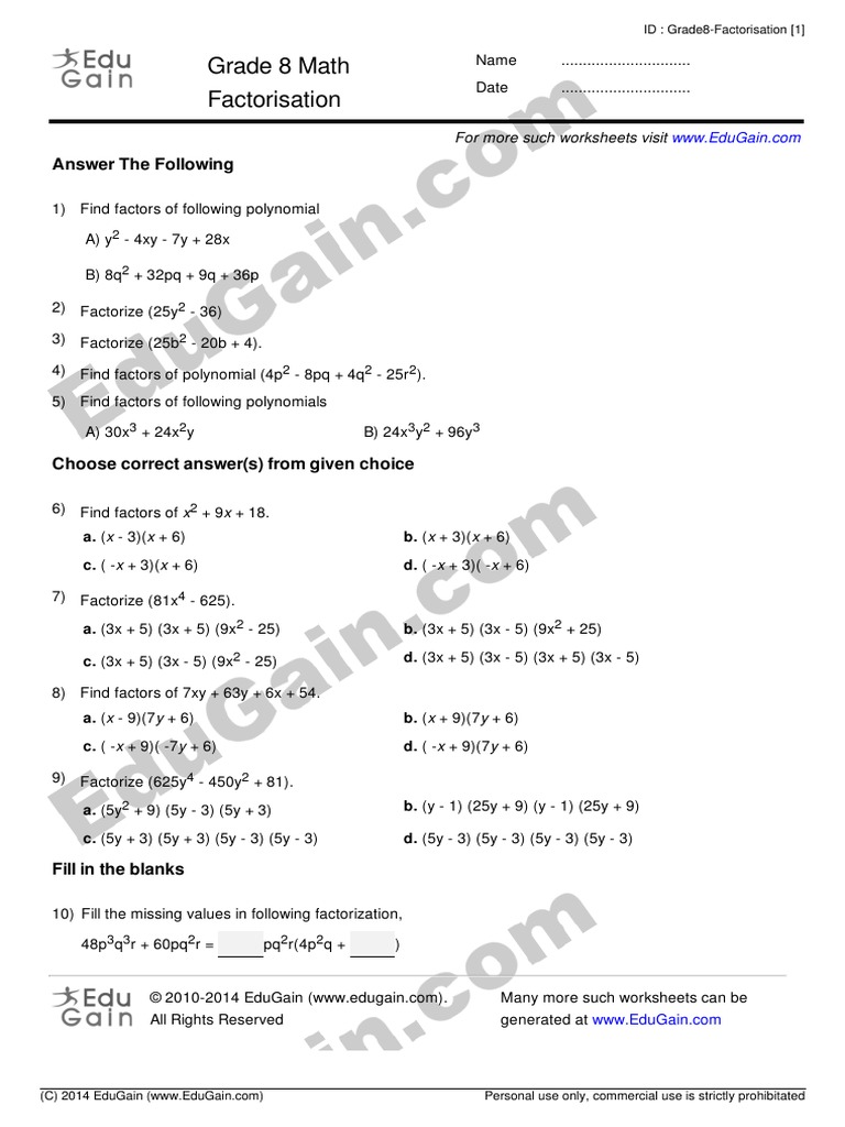 Grade 8: Factorization | PDF