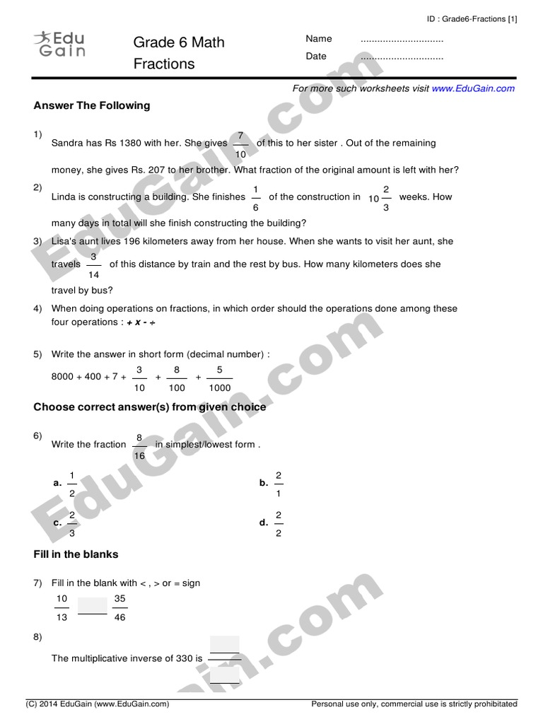 Grade 6 Fractions : EduGain.com