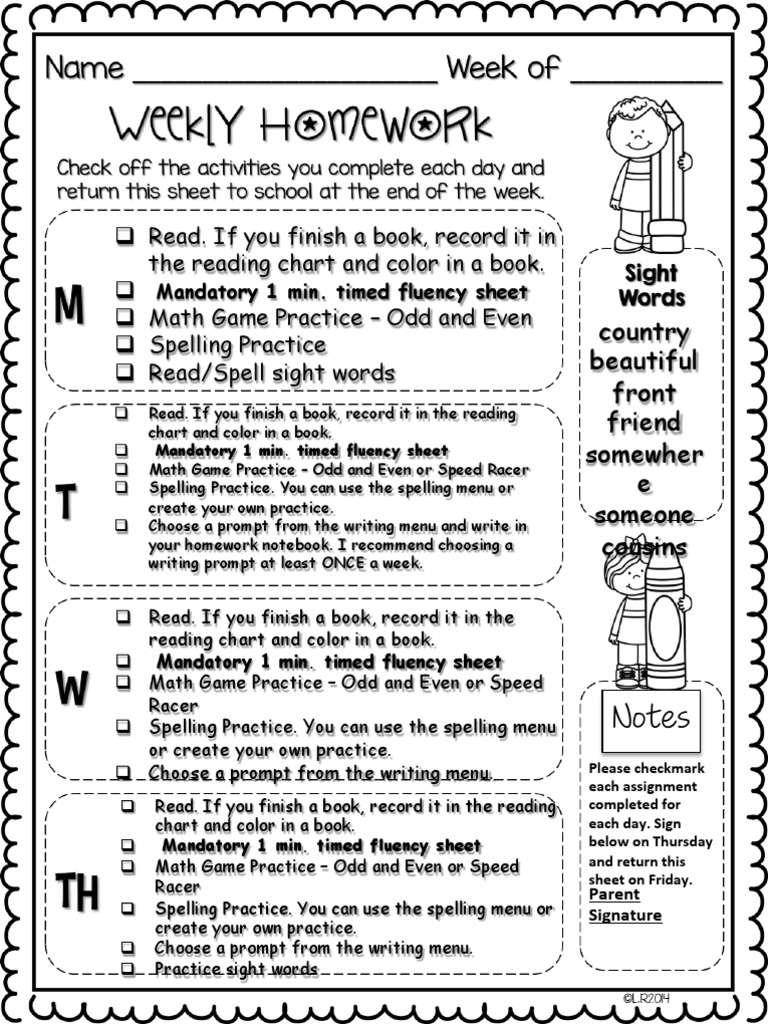 Weekly Homework Checklist | PDF