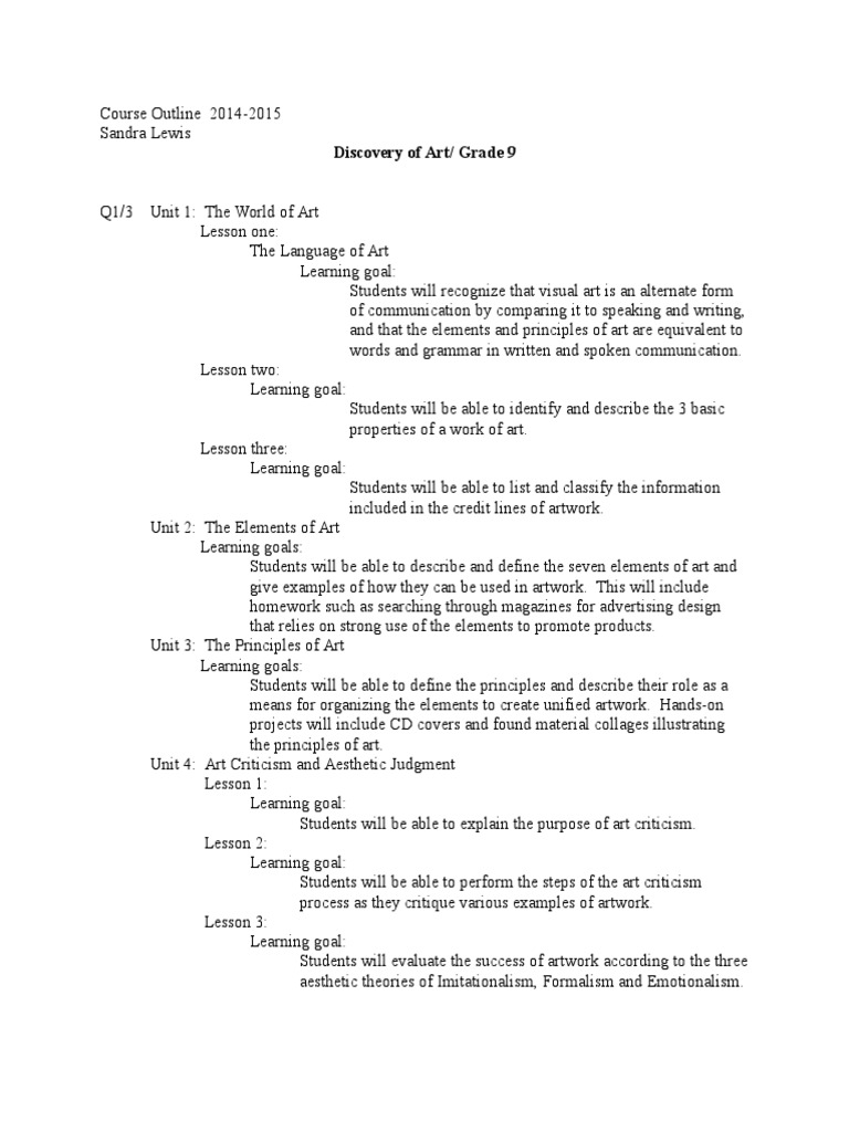 Grade 9 Art Course Outline 2014-2015 | PDF