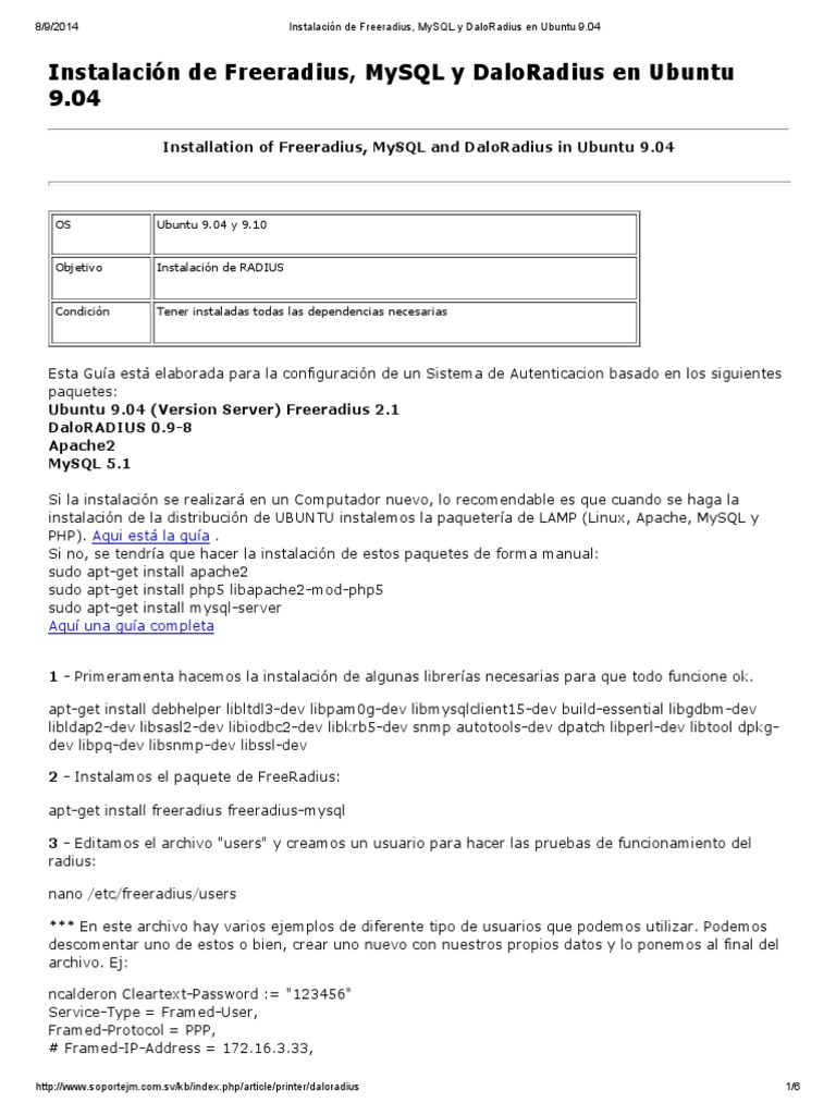 Instalación de Freeradius, MySQL y DaloRadius en Ubuntu 9 | PDF | Servidor HTTP Apache | Mi sql