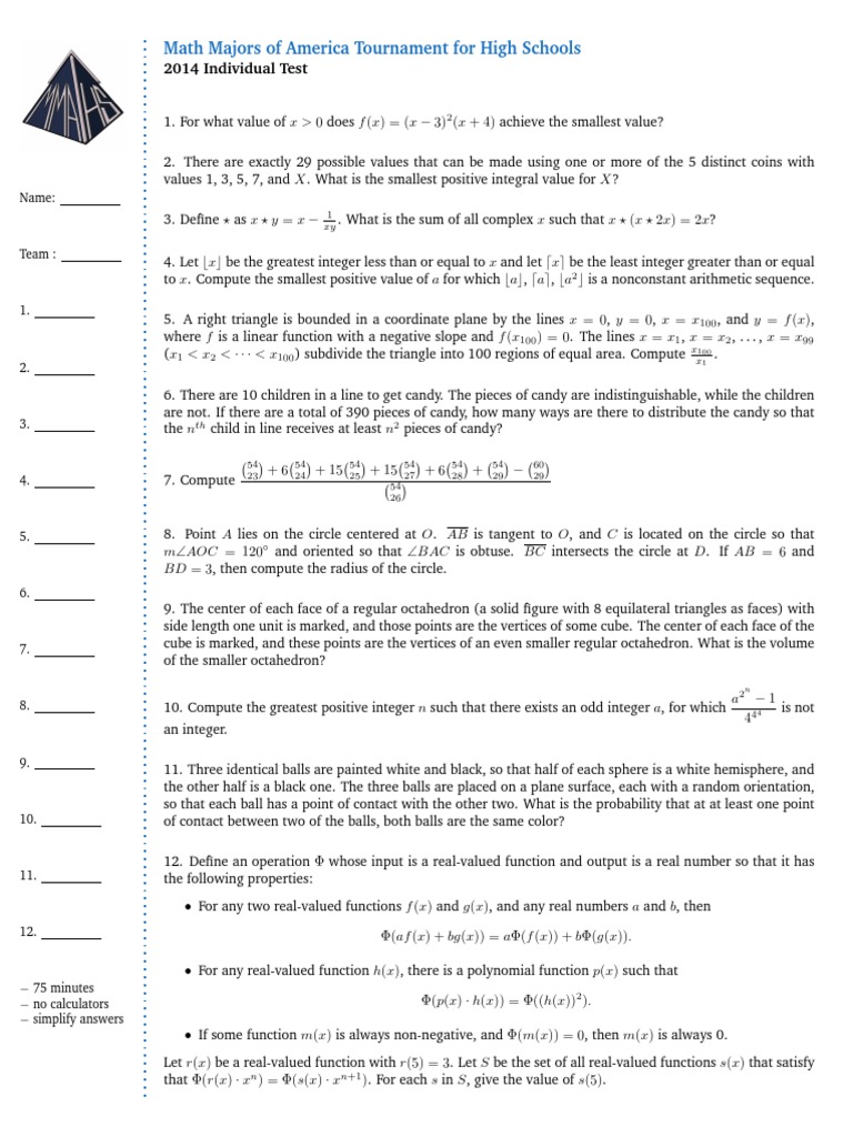 Math Majors of America Tournament For High Schools: 2014 Individual ...