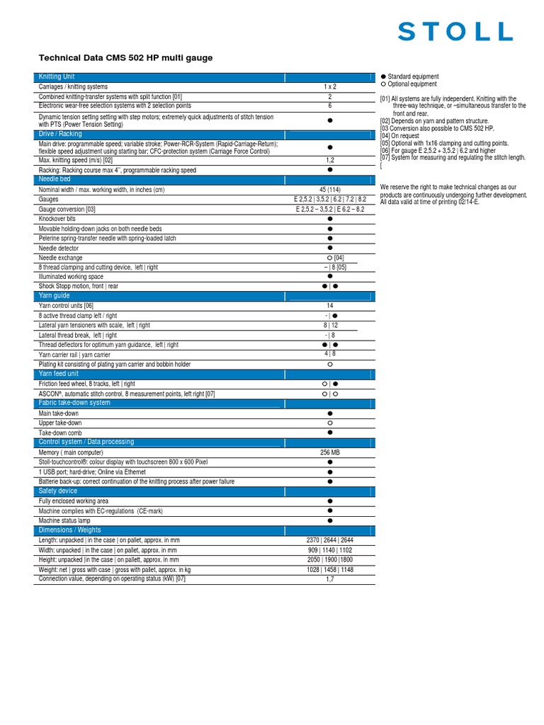 Technical Data CMS 502 HP Multi Gauge | PDF | Knitting | Yarn