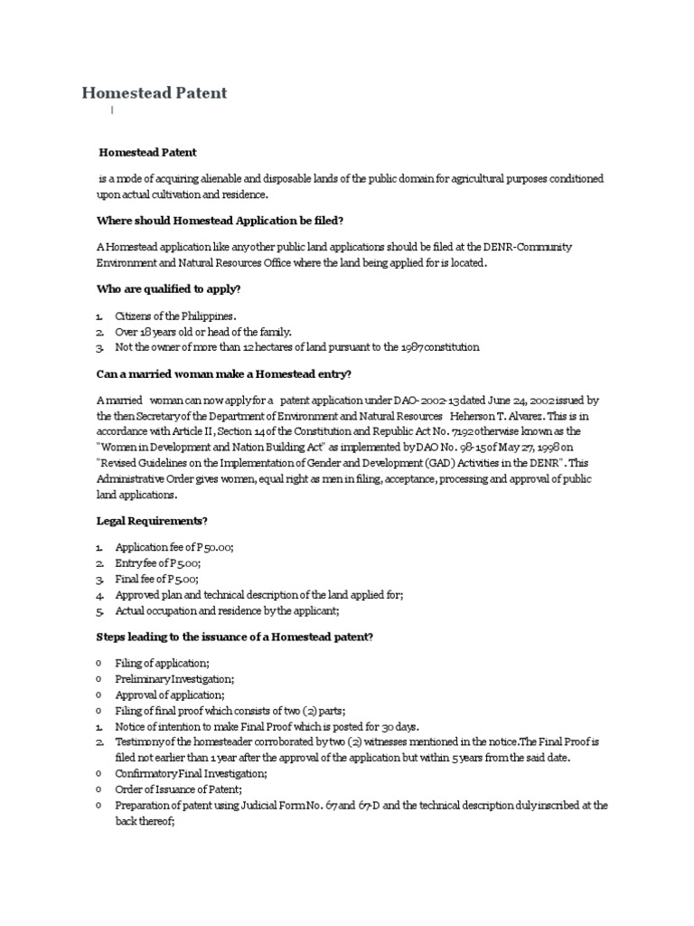 Homestead & Free Patents | PDF | Patent Application | Patent