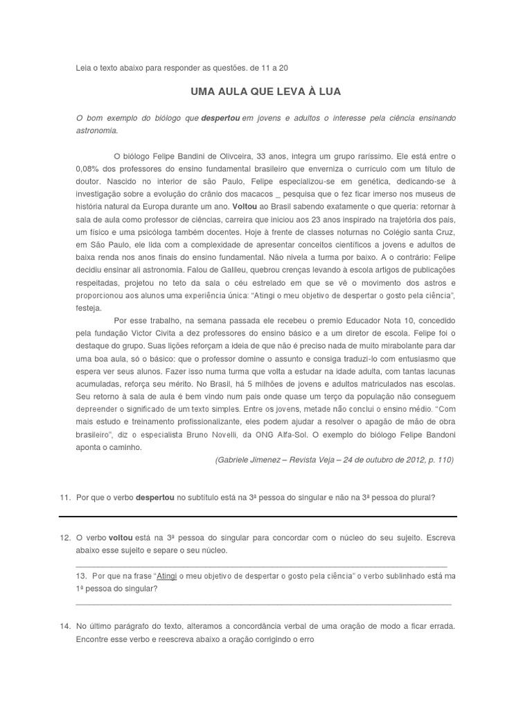 Leia o Texto Abaixo para Responder As Questões | PDF | Assunto ...