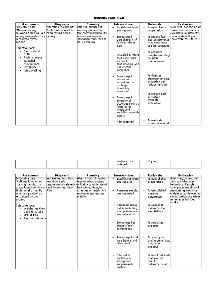 Nursing Care Plan | PDF | Pain | Medical Specialties