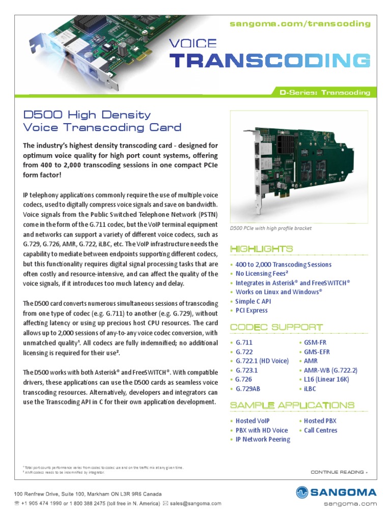 Sangoma D500 Series Transcoding Card Datasheet | PDF | Voice Over Ip ...