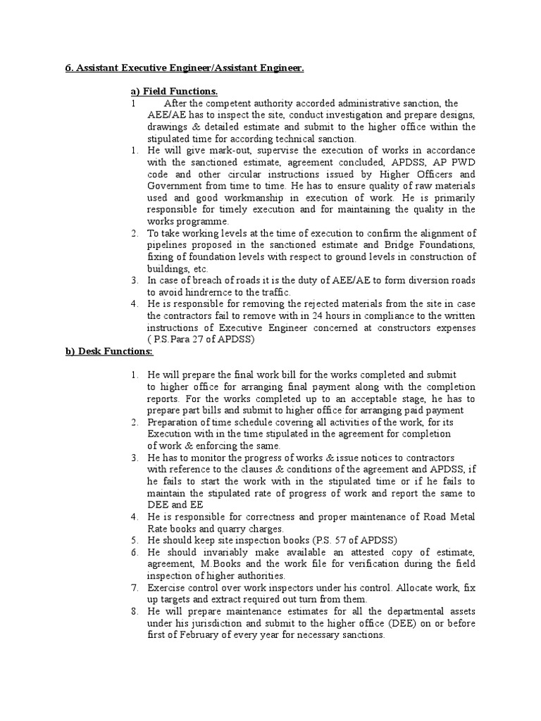 Roles and Responsibilities of Assistant Executive Engineers and ...