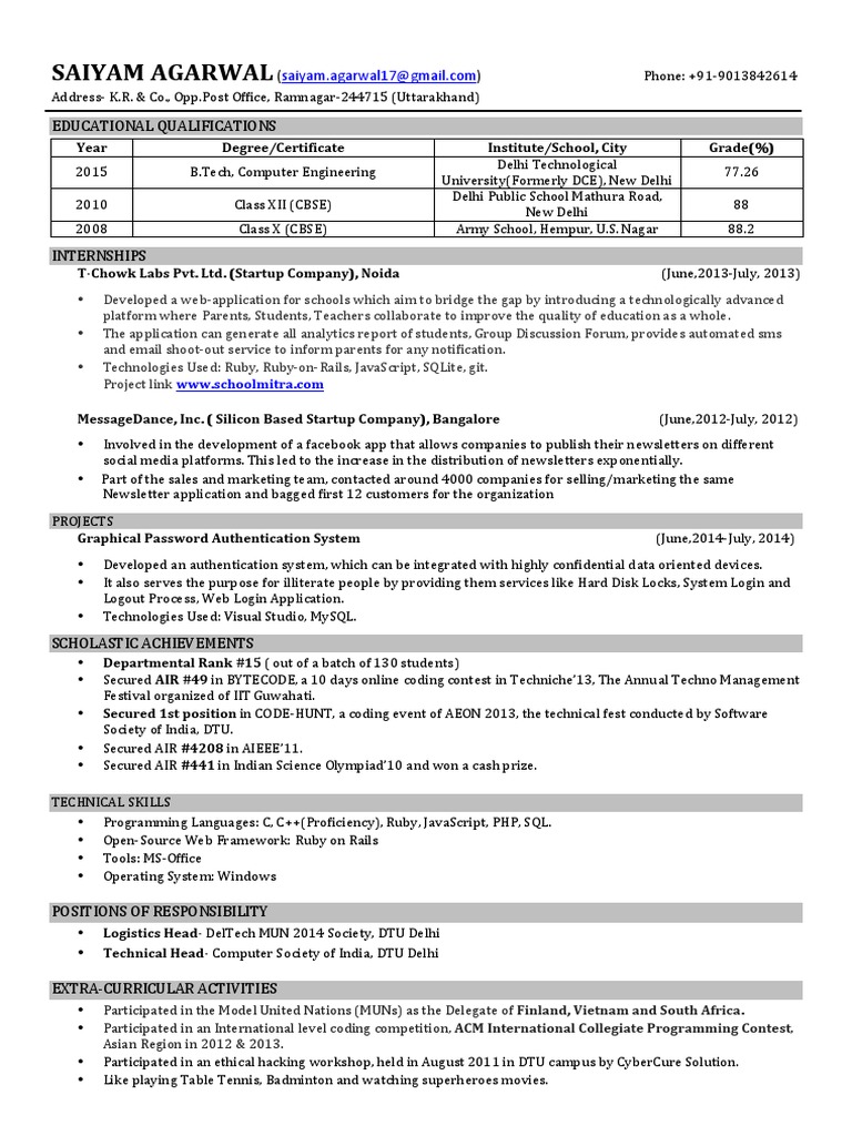 Resume Saiyam Agarwal | PDF | Information Technology Management | Computing