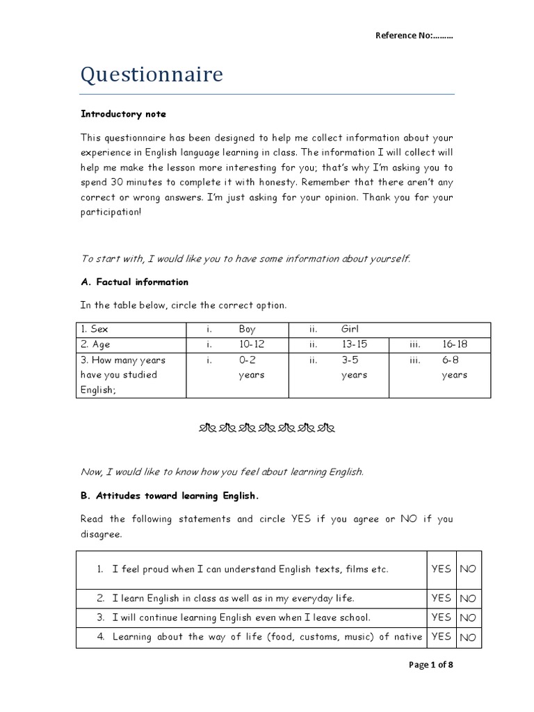 Questionnaire English Version | PDF | English Language | Reading ...