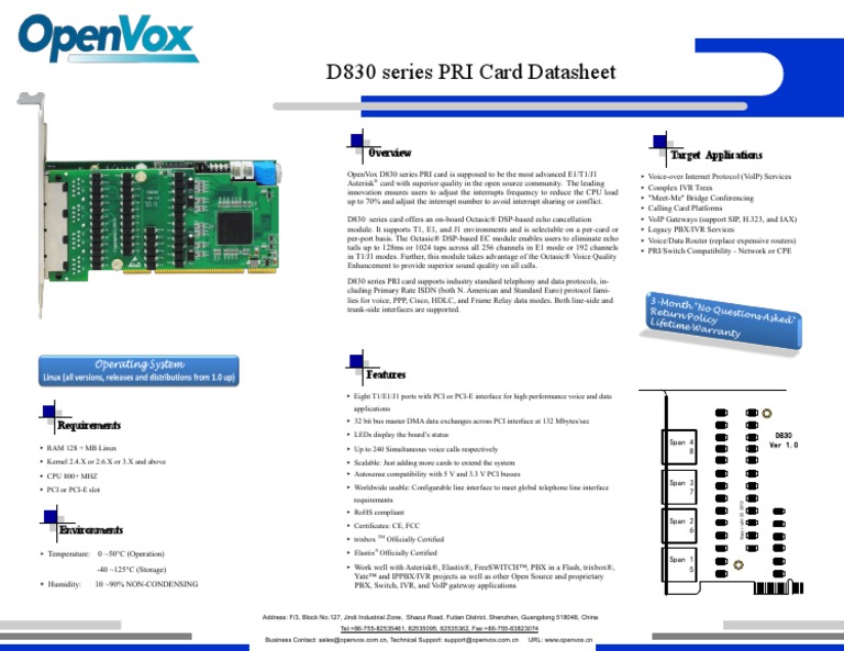 OpenVox D830/DE830 Series PRI Card Datasheet | PDF | Voice Over Ip ...