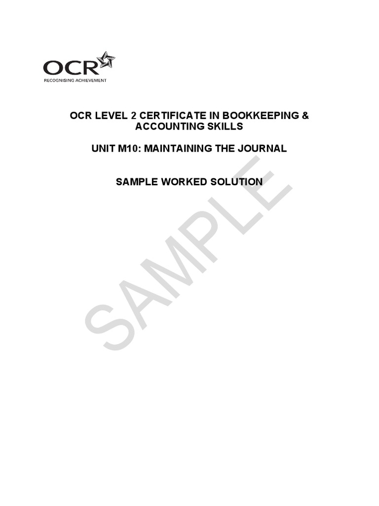 Ocr Level 2 Certificate in Bookkeeping & Accounting Skills Unit M10: Maintaining The Journal ...