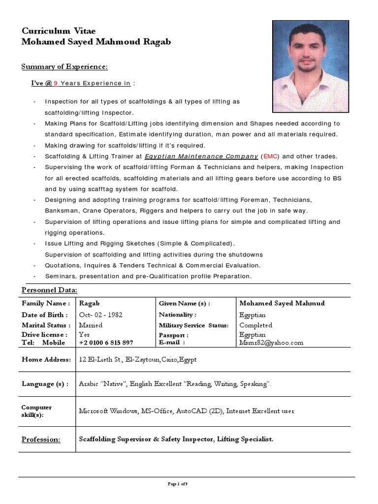 Scaffolding Supervisor CV: Mohamed Ragab | PDF | General Contractor ...