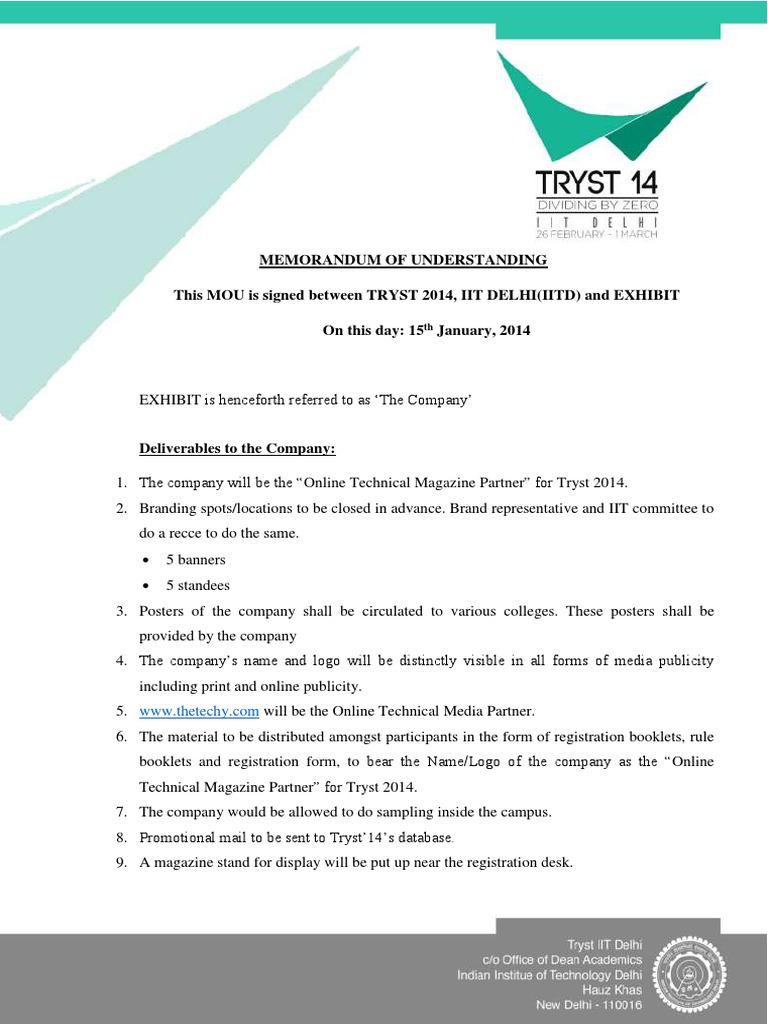Memorandum of Understanding This MOU Is Signed Between TRYST 2014, IIT ...