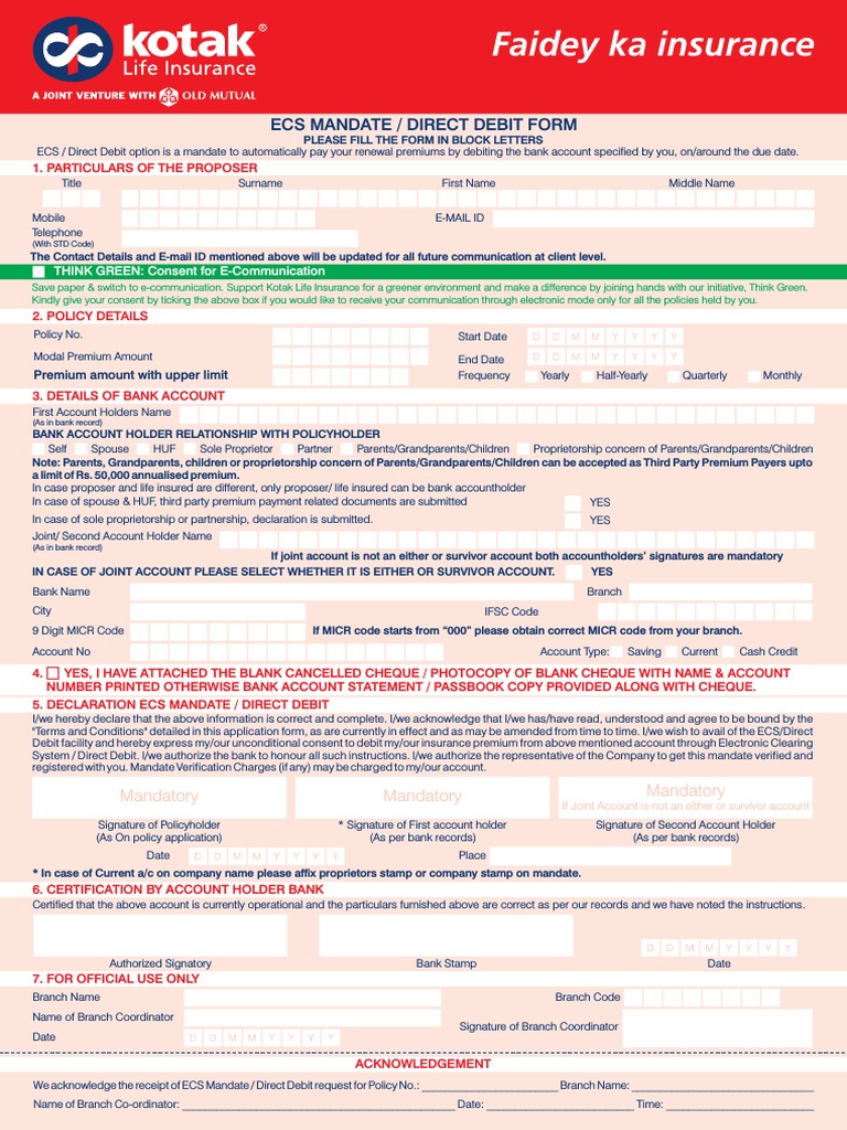 ECS Mandate Form for Insurance Premium Payment | PDF | Insurance | Cheque