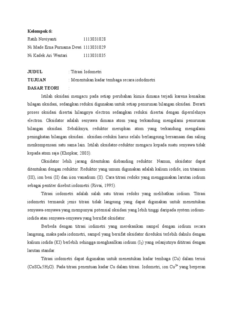 Jurnal Titrasi Iodo Menentukan Kadar Cu | PDF