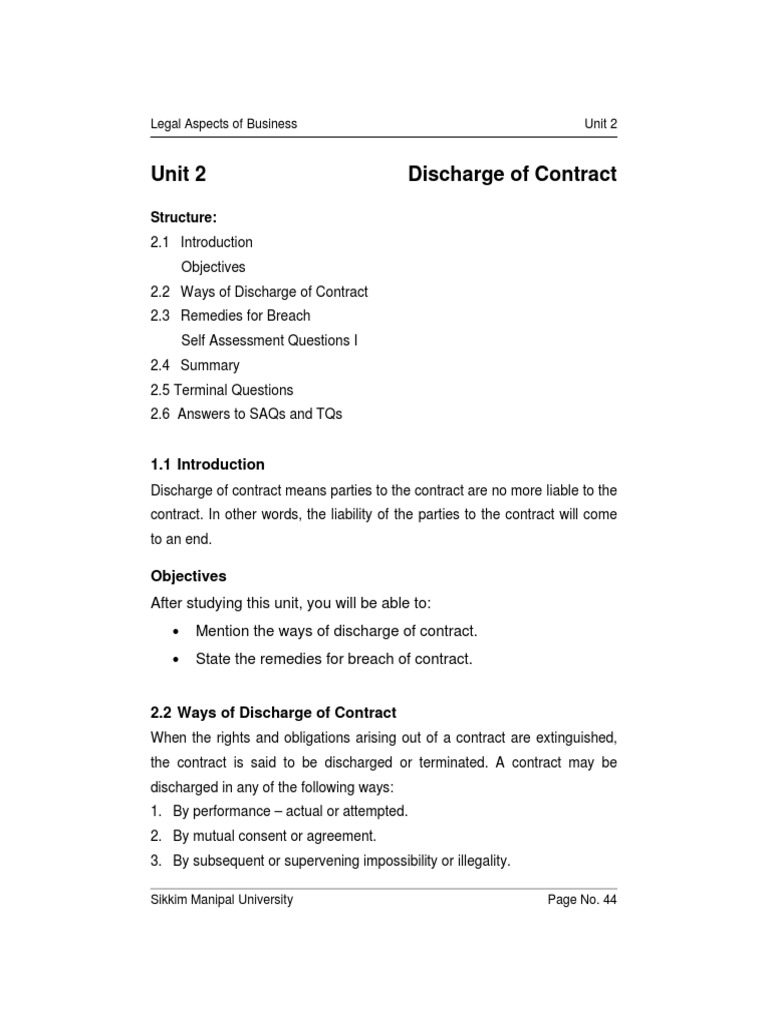 Unit 2 Discharge of Contract: Structure | PDF | Damages | Specific Performance