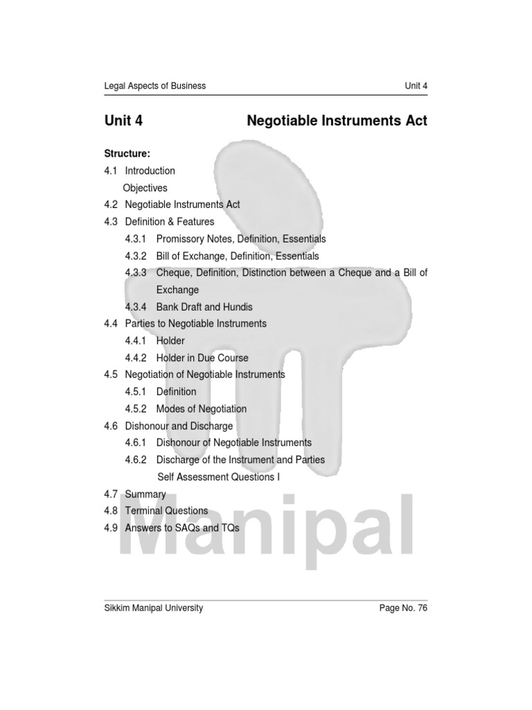 Unit 4 Negotiable Instruments Act: Structure | PDF | Negotiable Instrument | Cheque