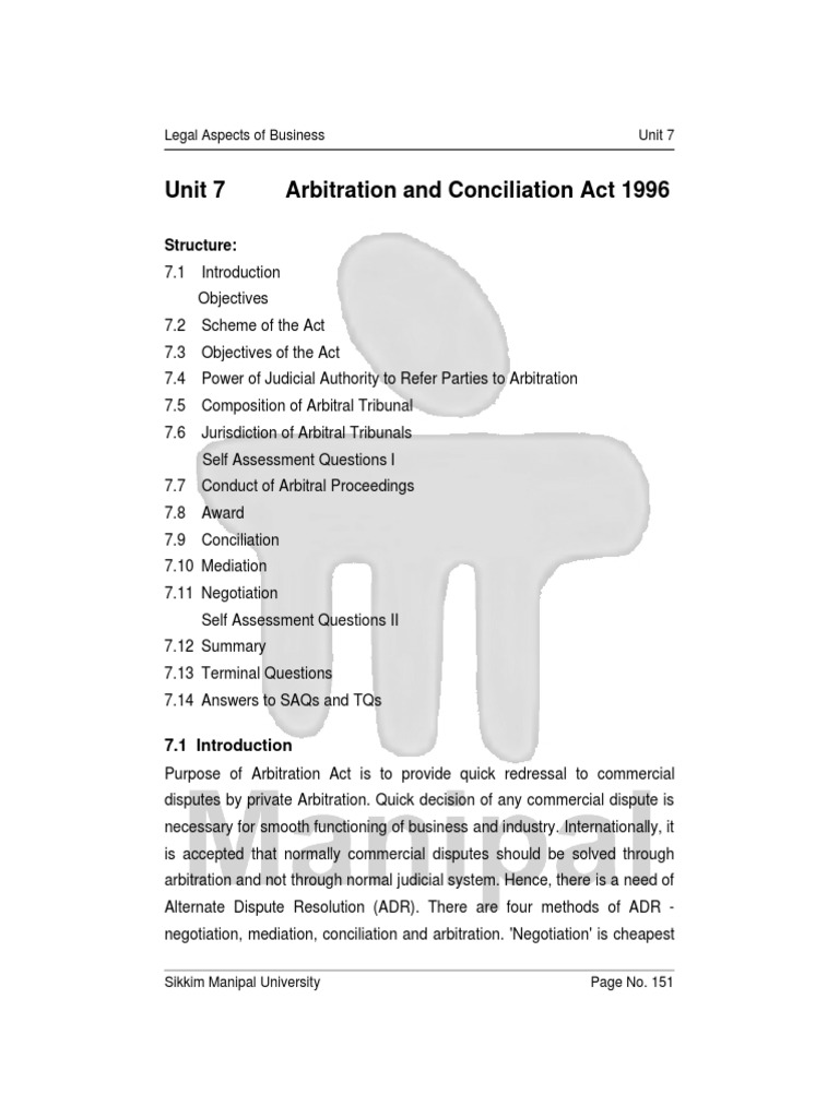 Unit 7 Arbitration and Conciliation Act 1996: Structure | PDF ...