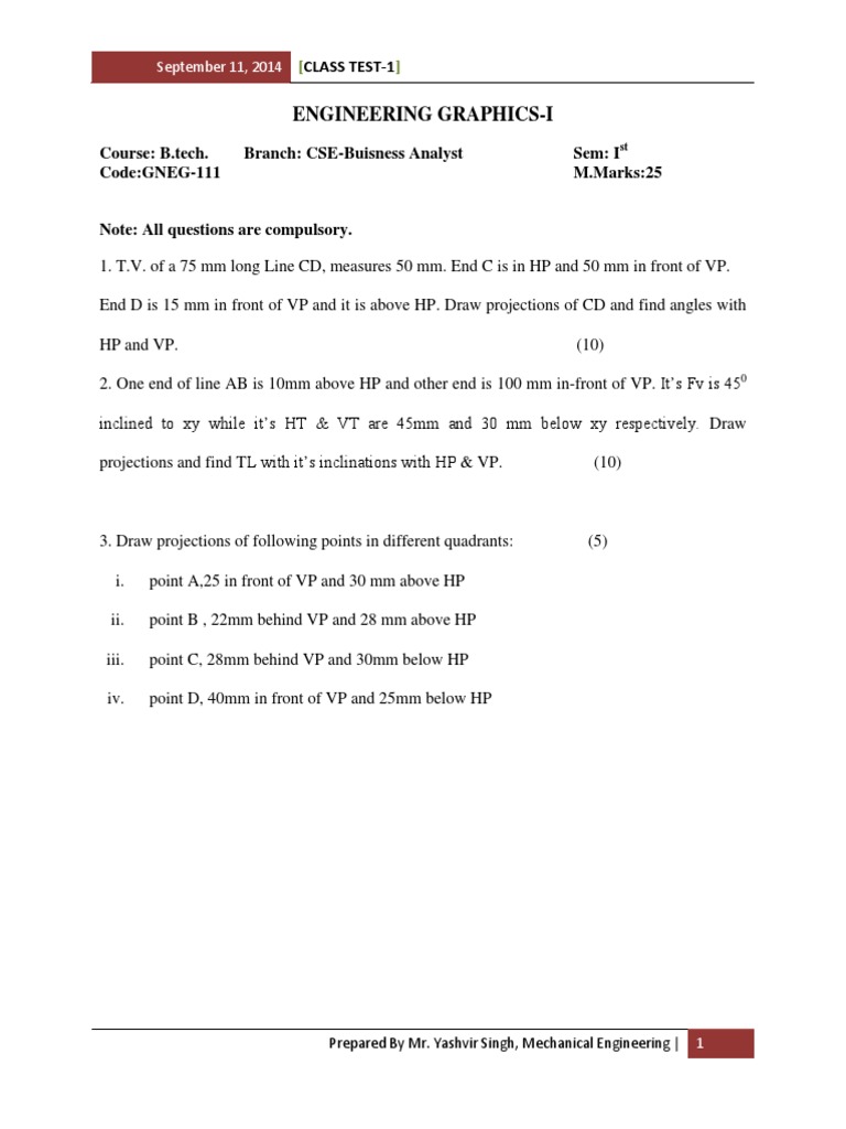 Engineering Graphics Class Test I | PDF