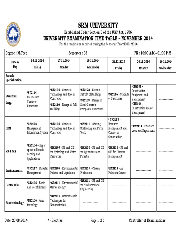 Srm University: University Examination Time Table – November 2014 ...