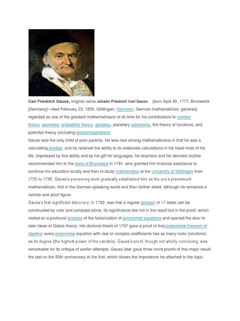 Carl Friedrich Gauss: A Mathematical Genius | PDF | Classics