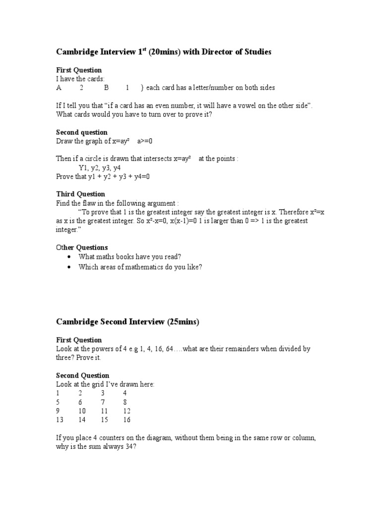 Cambridge Maths Interview Questions | PDF | Teaching Mathematics