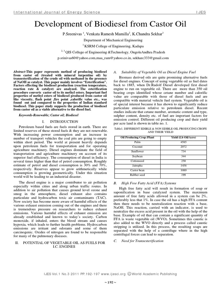 Biodiesel Production from Castor Oil | PDF | Biodiesel | Diesel Fuel