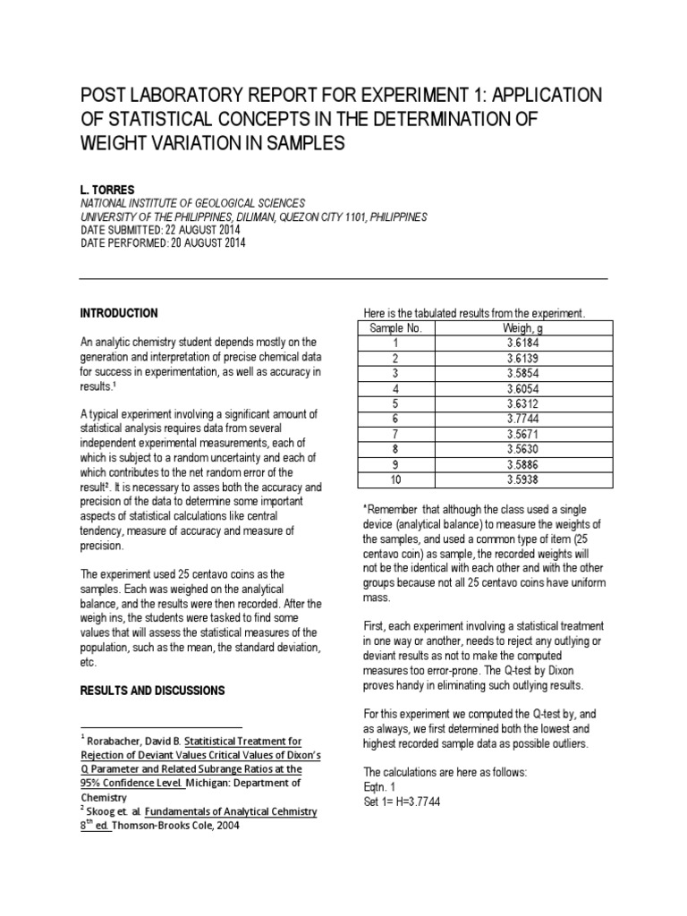 Post Laboratory Report for Experiment 1 Chem 26.1 | Confidence Interval | Statistics