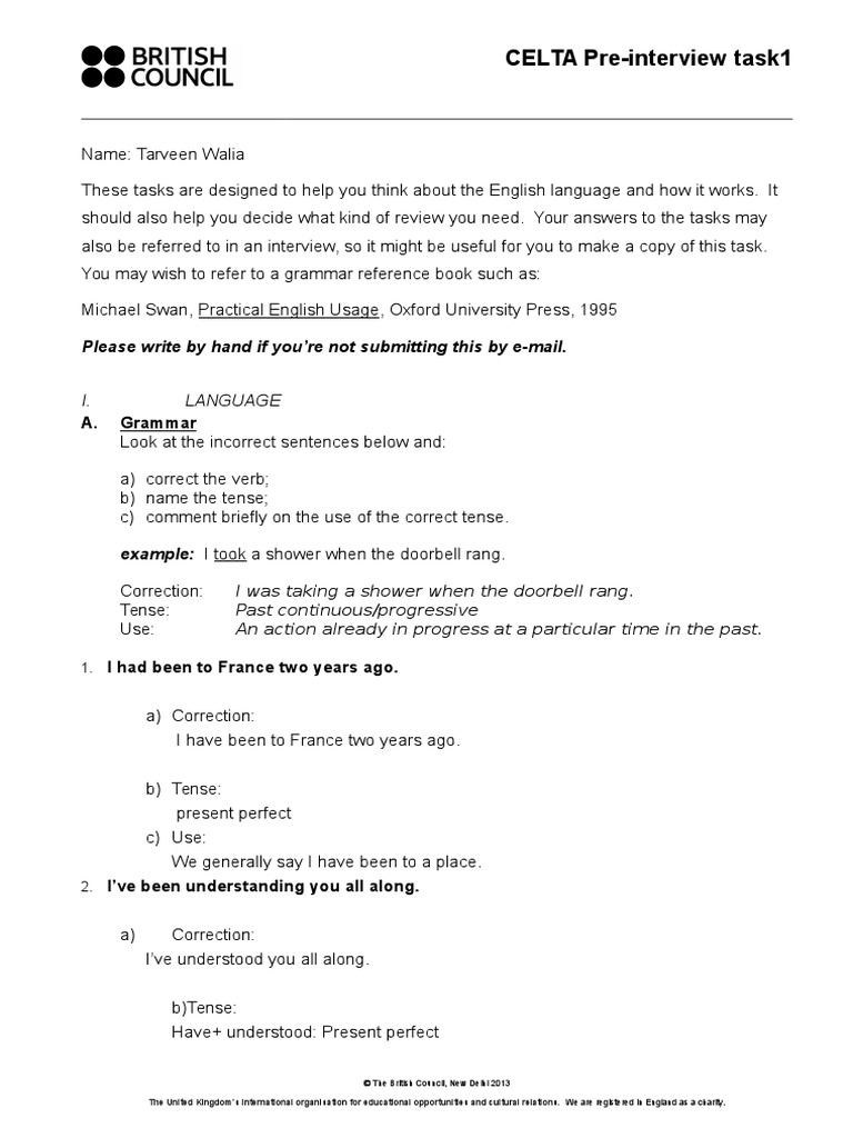 CELTA Pre Interview Task 1 | PDF | Grammatical Tense | Linguistics