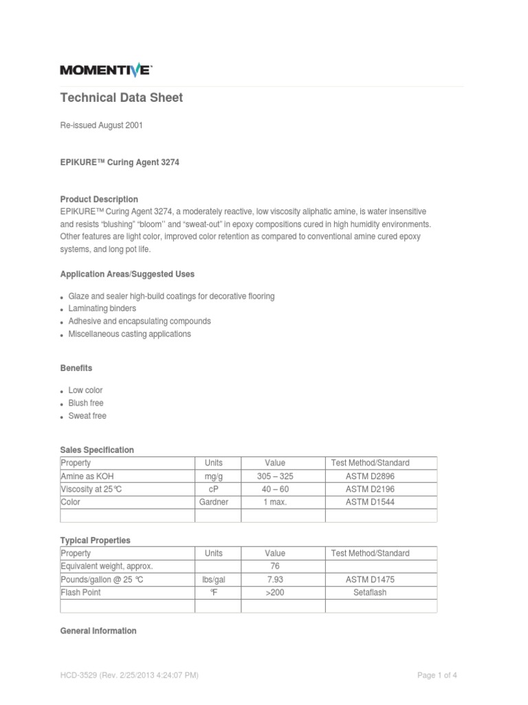 Technical Data Sheet: EPIKURE™ Curing Agent 3274 | PDF | Epoxy | Materials