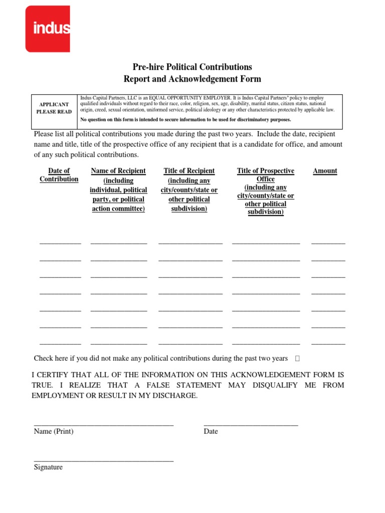 Political Contributions Acknowledgement Form | PDF | Politics