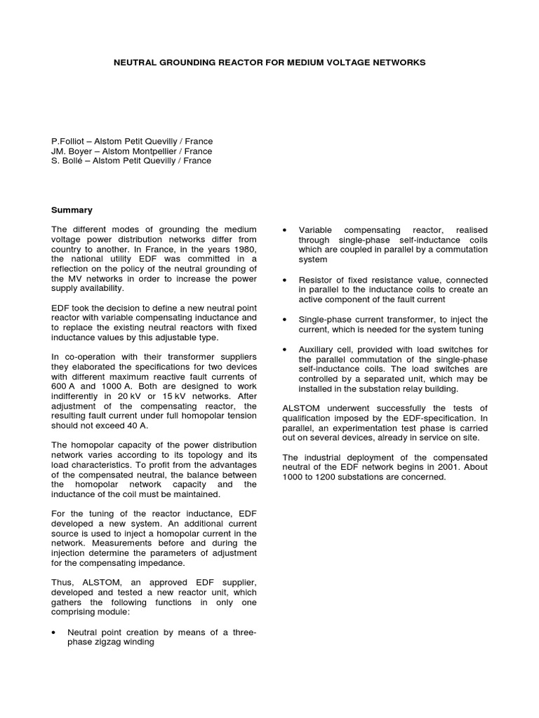 NEUTRAL GROUNDING REACTOR FOR MEDIUM VOLTAGE NETWORKS | PDF ...
