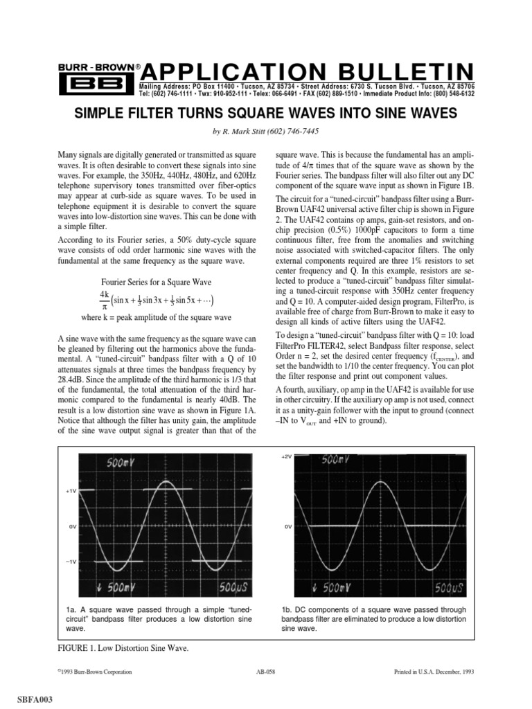 UAF42 Square Wave To Sinusoid | PDF | Electronic Filter | Distortion