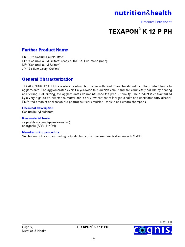 Texapon R K 12 P PH e | PDF | Sodium | Sodium Dodecyl Sulfate