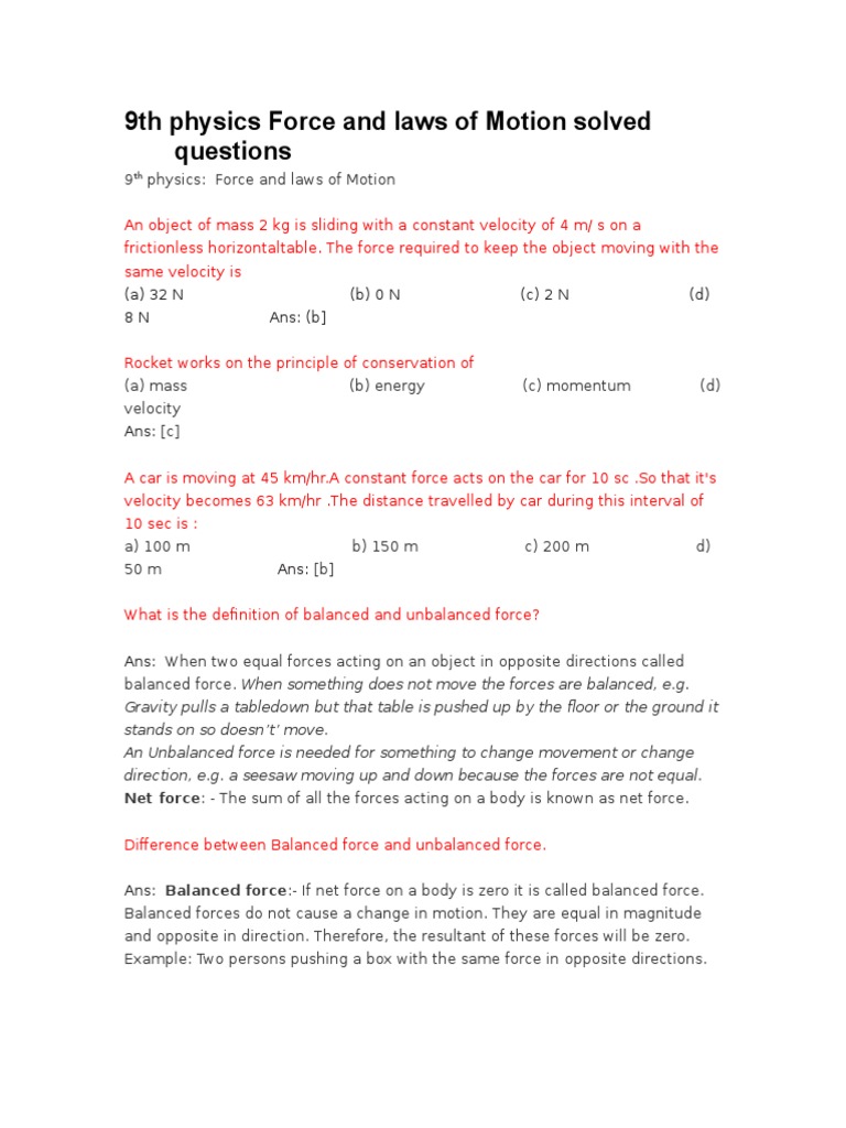 9th Physics Force and Laws of Motion Solved Questions | PDF | Inertia ...