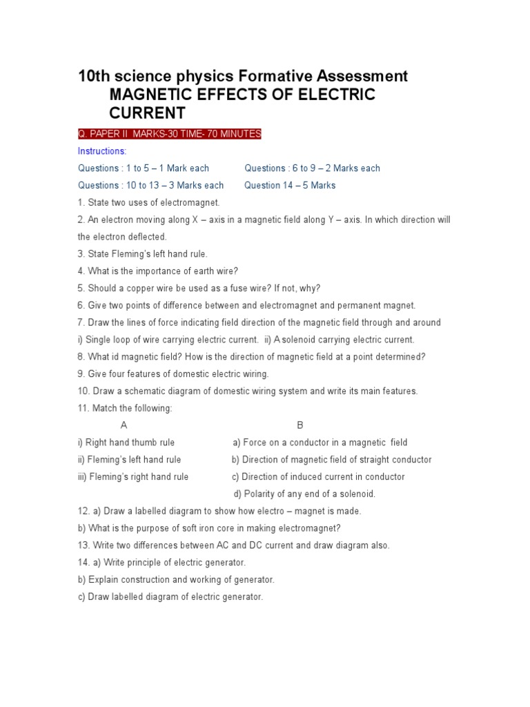 10th Science Physics Formative Assessment Magnetic Effects of Electric ...
