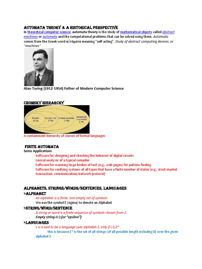 Automata Theory & A Historical Perspective: Alan Turing (1912-1954) Father of Modern Computer ...