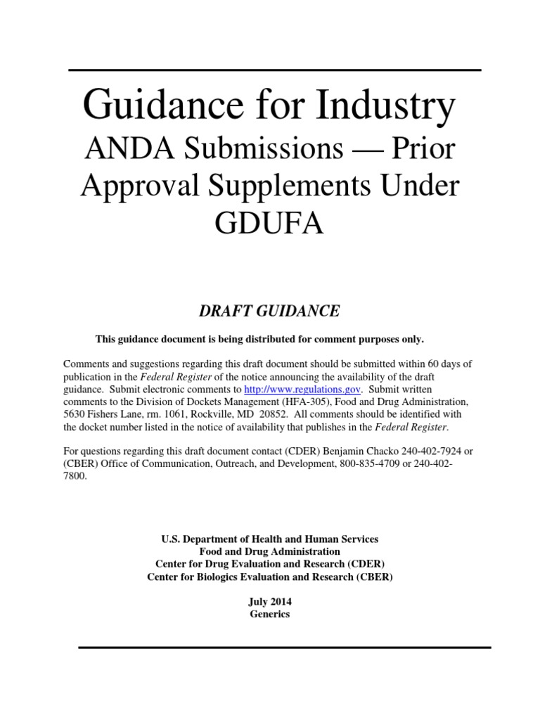 Guidance For Industry: ANDA Submissions - Prior Approval Supplements ...