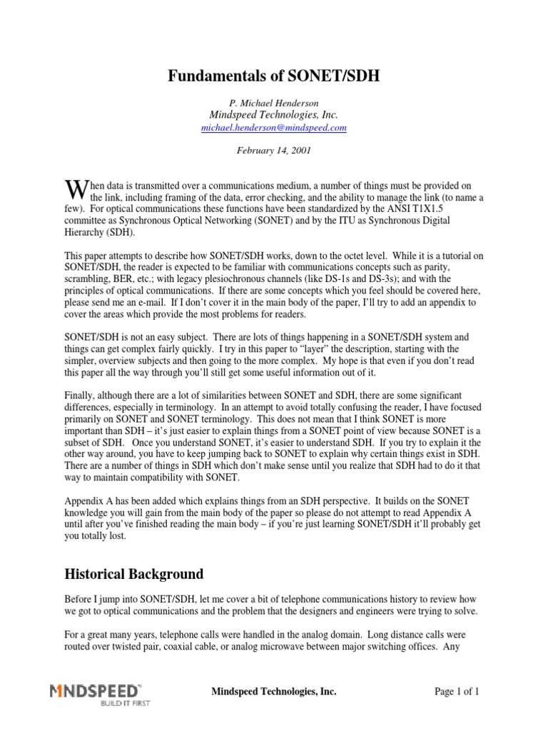 Fundamentals of SONET/SDH: Mindspeed Technologies, Inc | PDF | Physical Layer Protocols | Data