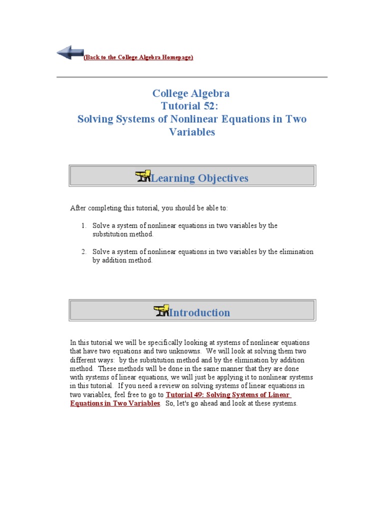 College Algebra Tutorial 52: Solving Systems of Nonlinear Equations in Two Variables | PDF ...