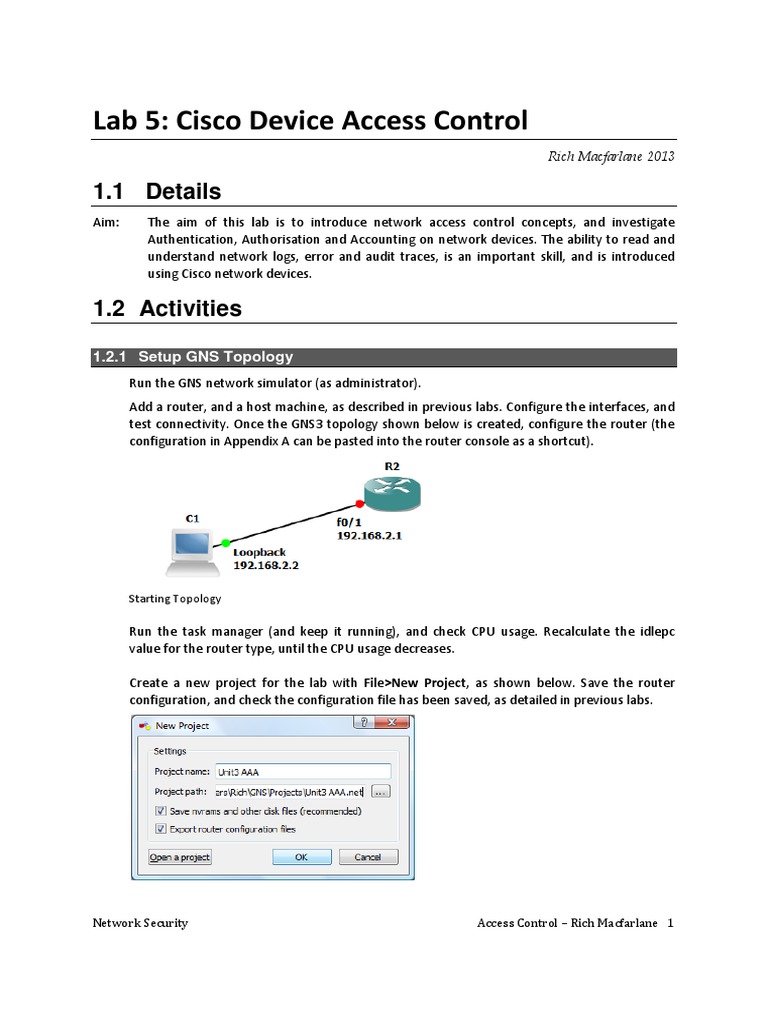 Lab 5: Cisco Device Access Control: 1.1 Details | PDF | Radius | Port (Computer Networking)