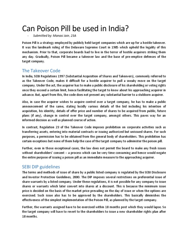 Mergers and Acqusitions - Poison Pill in India | PDF | Takeover | Stocks