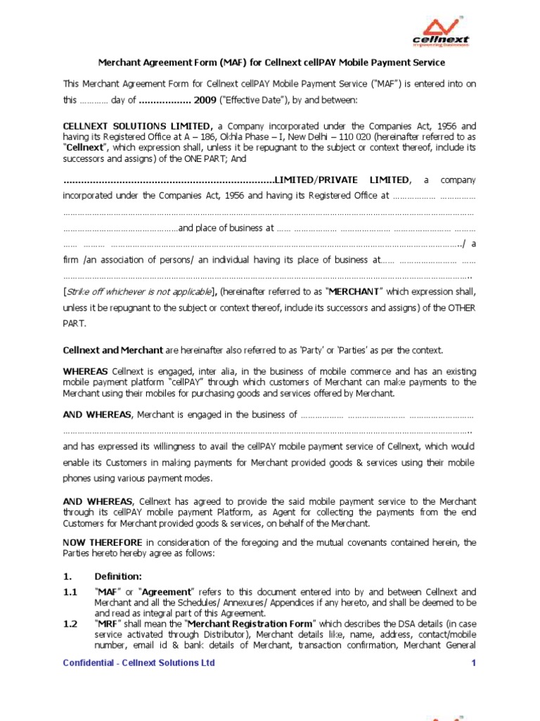 Merchant Agreement Form (MAF) For Cellnext CellPAY Mobile Payment ...