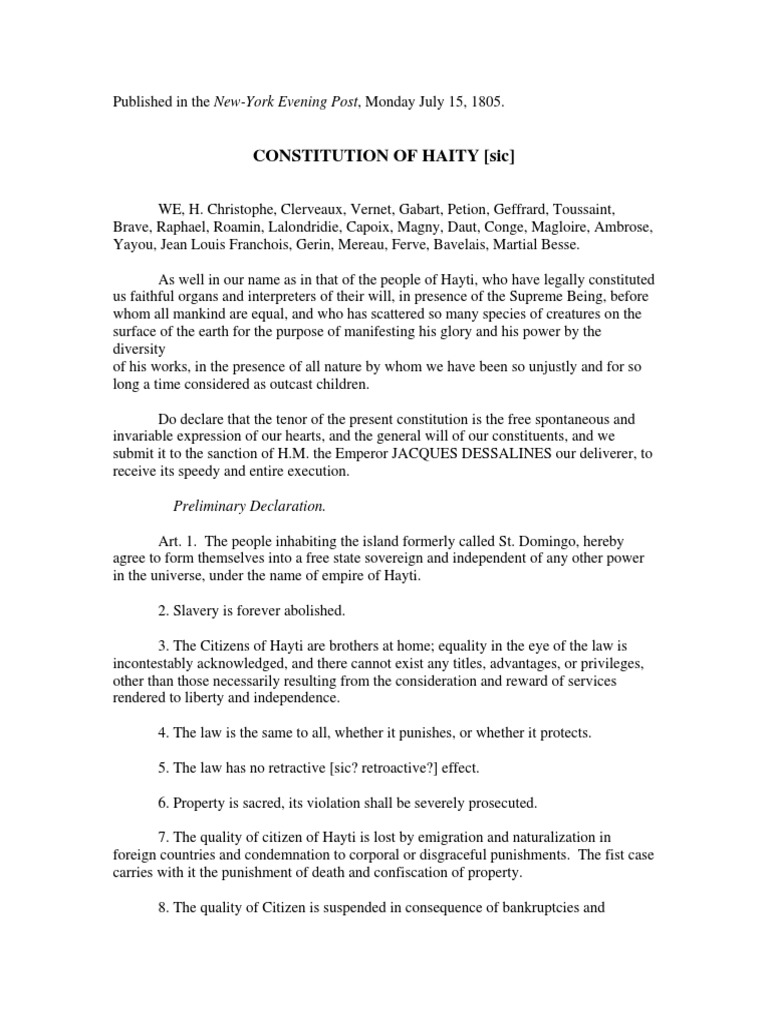 1805 Haitian Constitution-1 | Emperor | Haiti