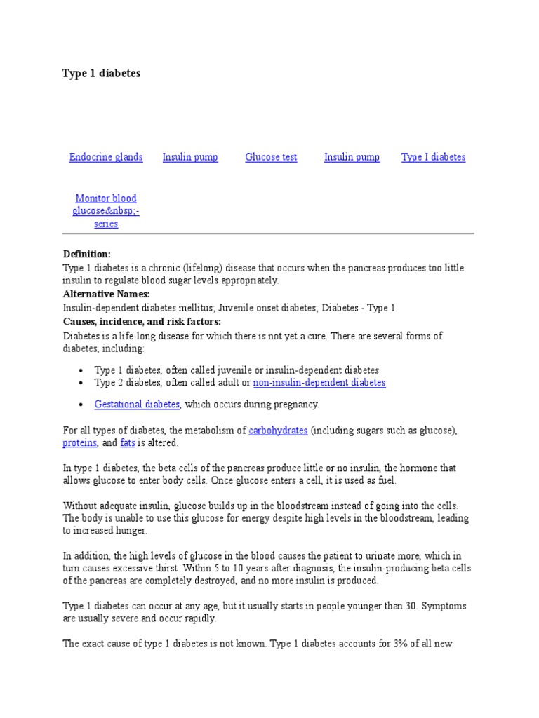 Type 1 Diabetes: Endocrine Glands Insulin Pump Glucose Test Insulin ...