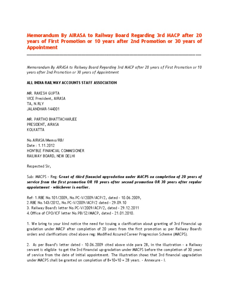 Memorandum by AIRASA To Railway Board Regarding 3rd MACP After 20 Years of First Promotion or 10 ...