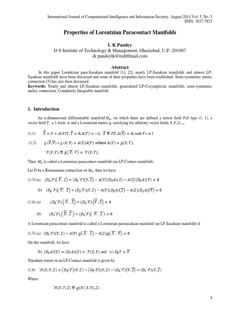 Paper-1 Properties of Lorentzian Paracontact Manifolds | PDF | Topology ...