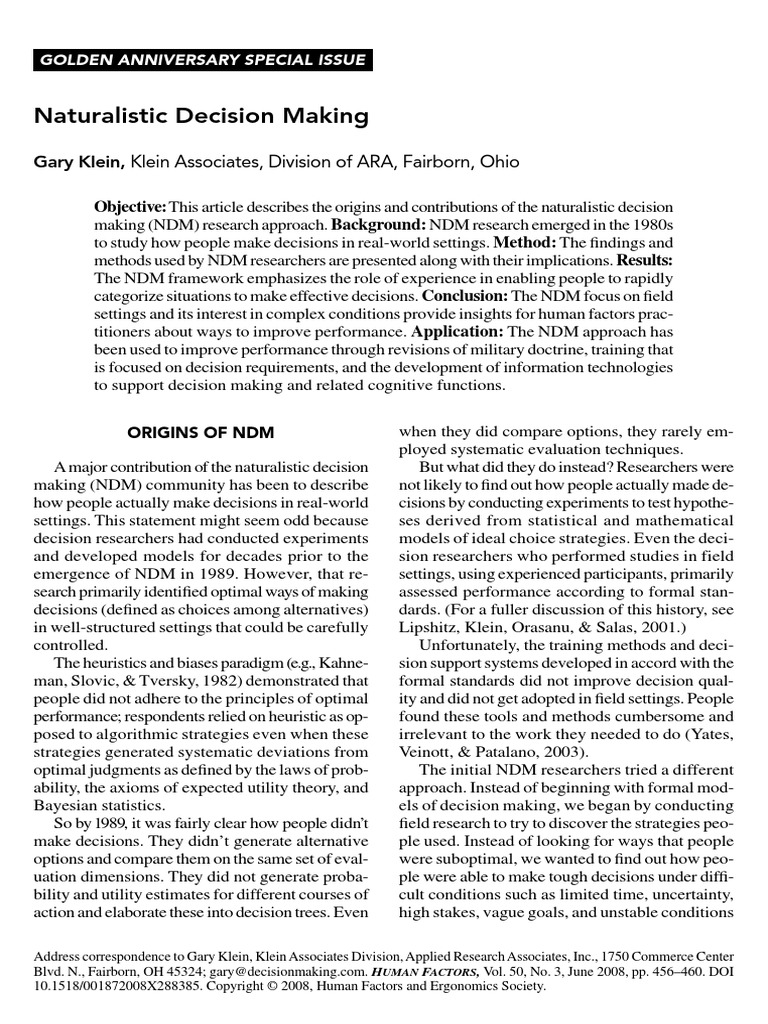 Naturalistic Decision Making: Gary Klein, Klein Associates, Division of ...