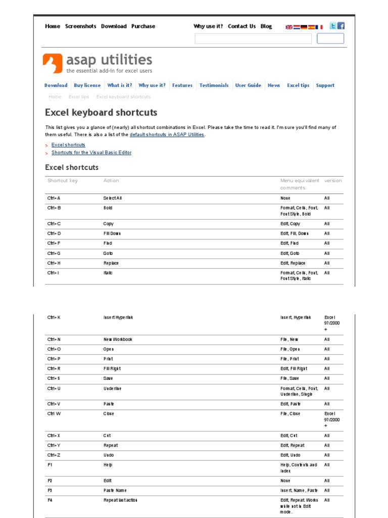 ASAP Utilities For Excel - Excel Shortcuts - A List of Excel's Shortcut ...